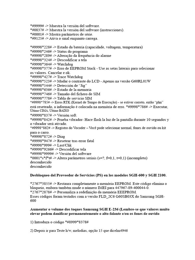 Códigos Celular Samsung | PDF | Informática | Engenharia da Computação