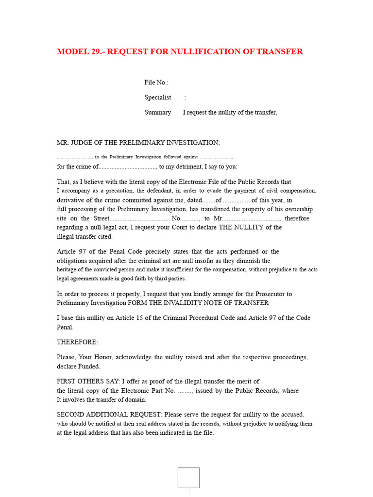 Model 29. - Application For Nullification of Transfer | PDF