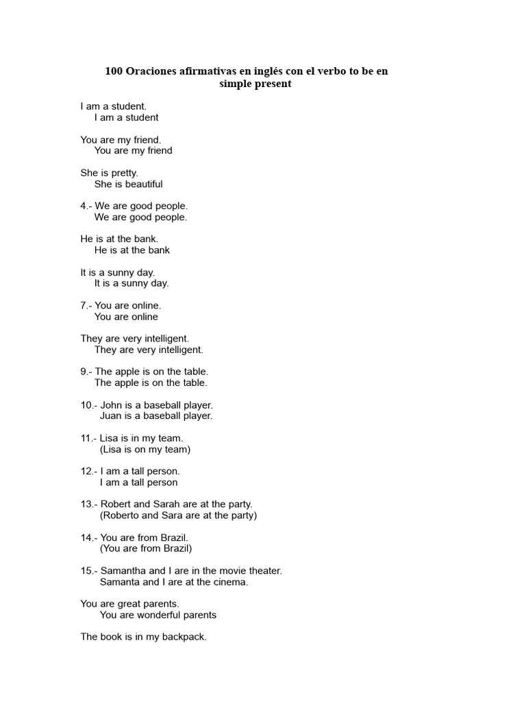 100 Affirmative Sentences in English With The Verb To Be in The Present ...