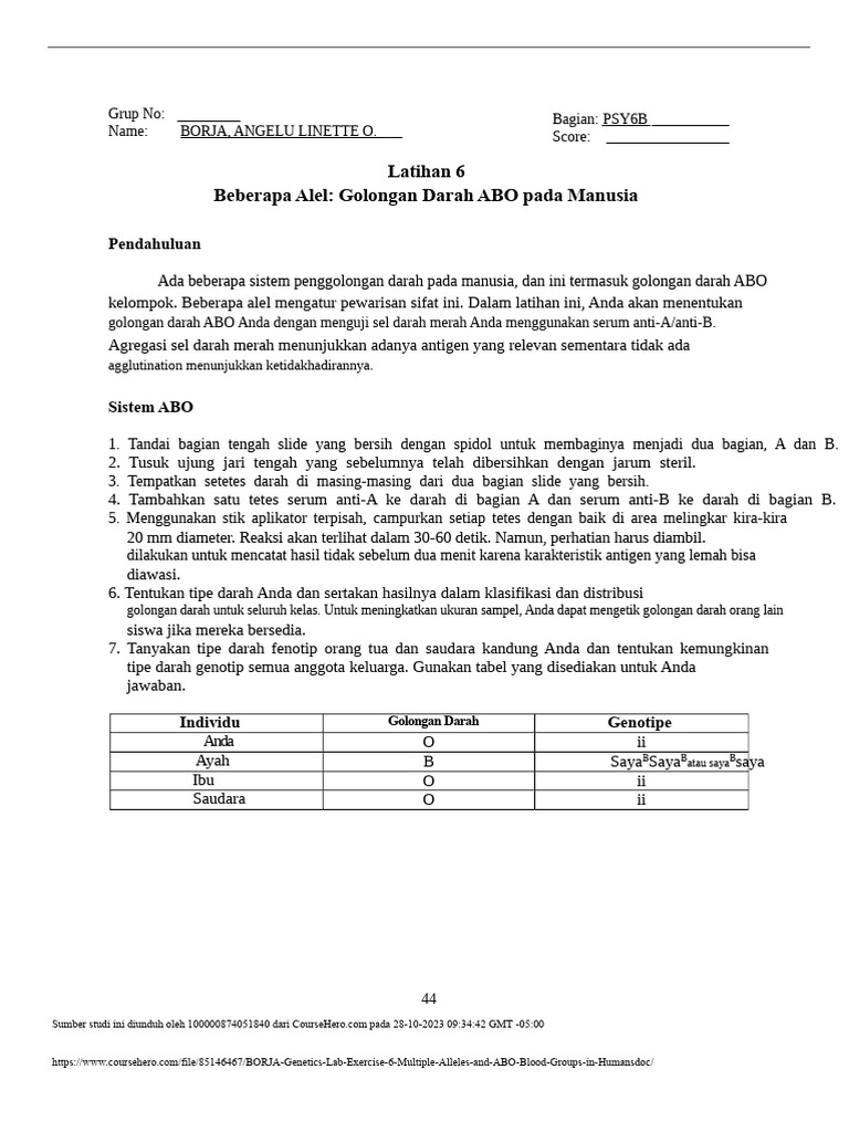 BORJA - Genetics - Lab - Exercise - 6 - Aleel Berganda Dan Golongan Darah ABO Pada Manusia | PDF