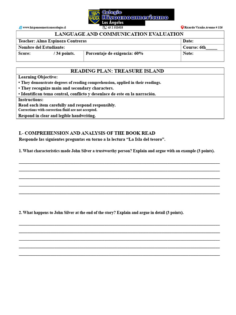 Language Evaluation: Treasure Island 6th Grade | PDF | Treasure Island