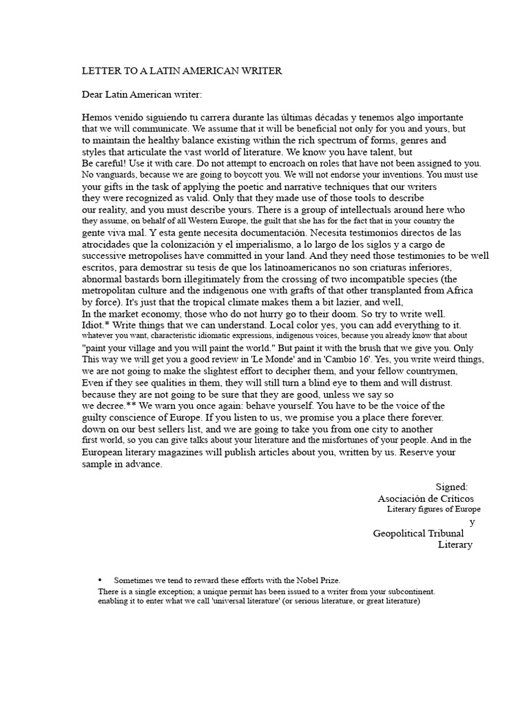 Letter To A Latin American Writer | PDF