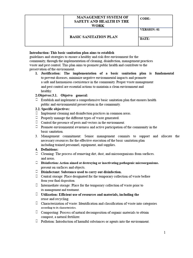 Basic Sanitation Plan Format | PDF | Disinfectant | Waste