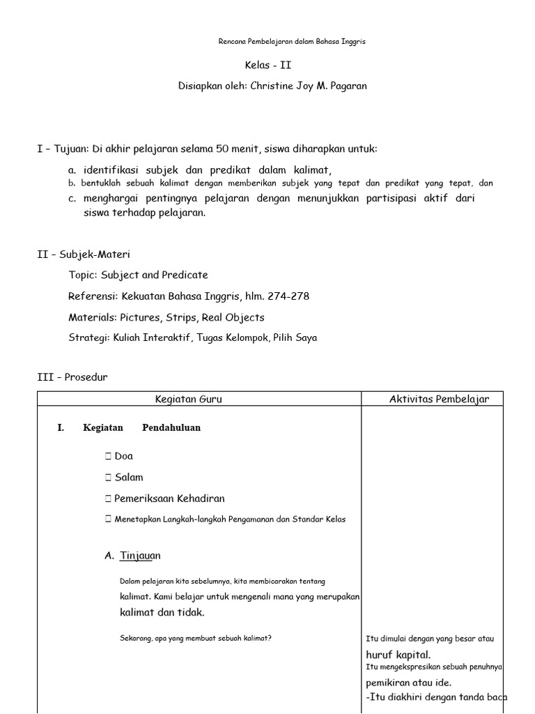 Pembelajaran Subjek dan Predikat Kelas II | PDF