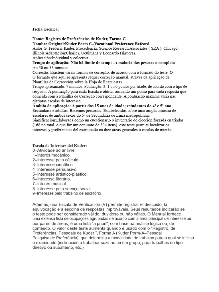Ficha Técnica Kuder | PDF