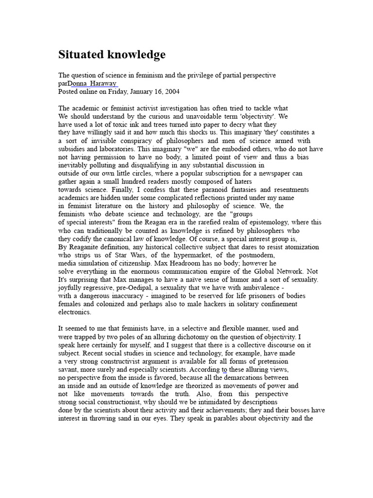 Situated Knowledges - Donna Haraway | PDF | Knowledge | Gender Studies