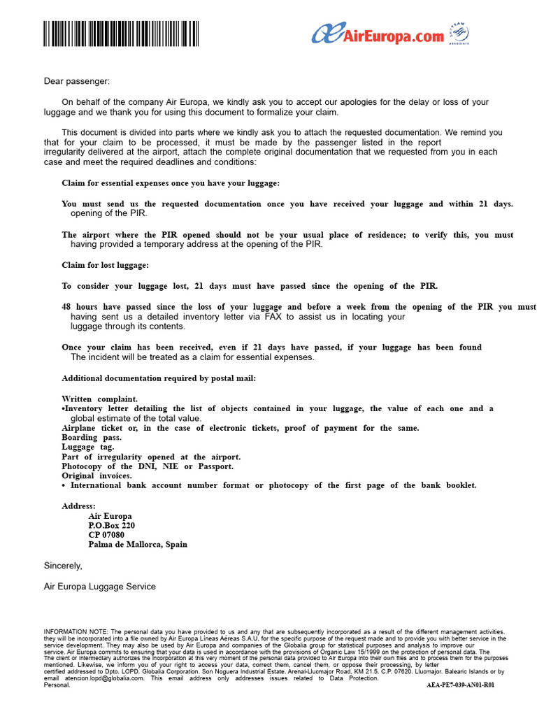 Air Europa Baggage Claim Form | PDF | Baggage