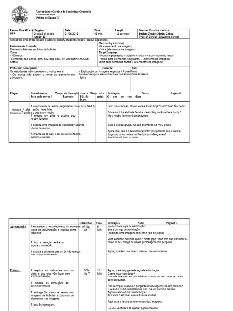 Plano de Aula de PPP Sobre Hobbies Há/há | PDF | Famílias linguísticas