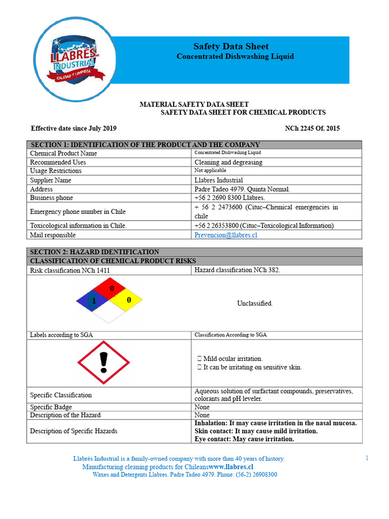 Concentrated Dishwashing Liquid Safety Sheet | PDF | Personal ...