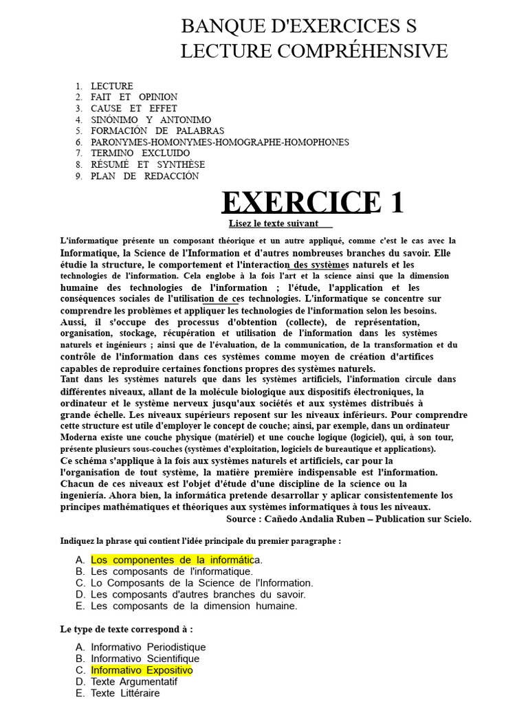 Banque d'exercices de lecture compréhensive | PDF | Informatique ...