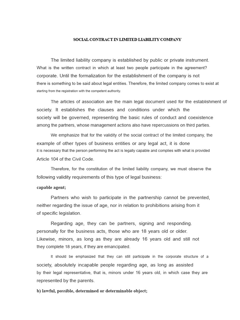 Social Contract in A Limited Liability Company | PDF | Limited ...