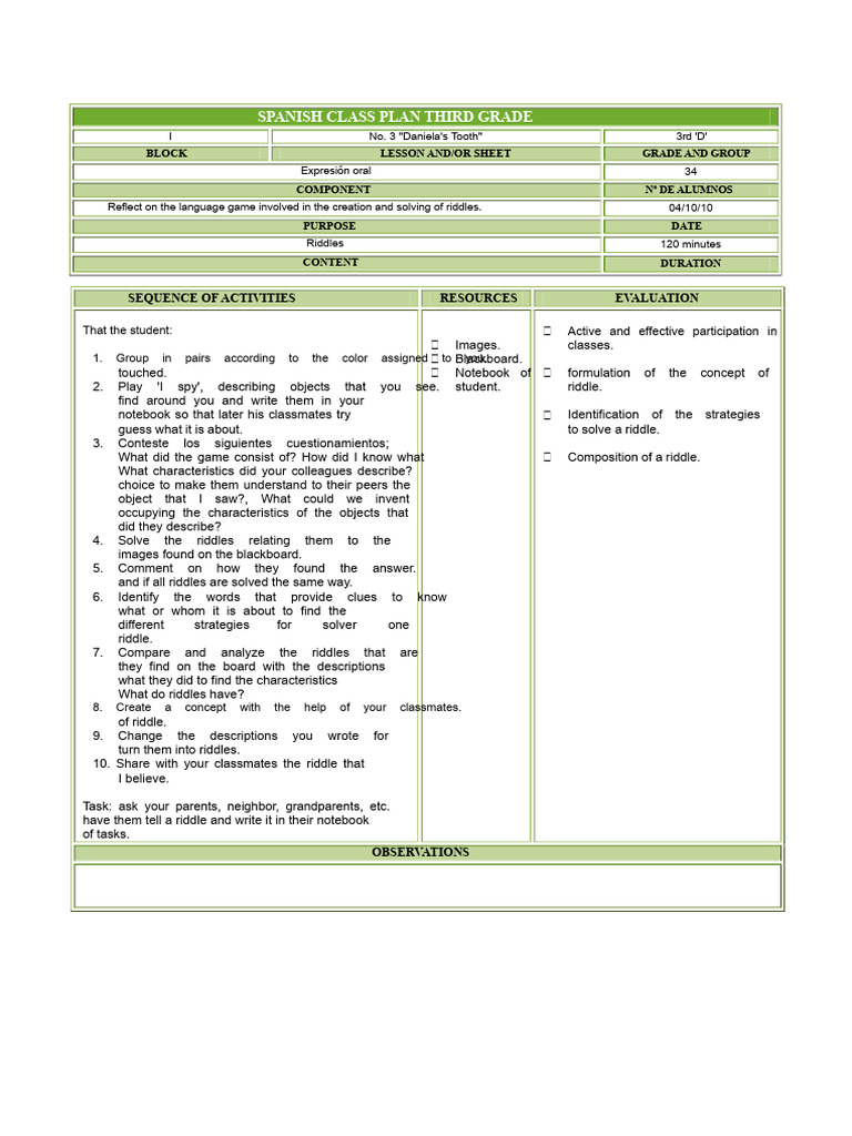 Spanish Lesson Plan Third Grade | PDF | Riddle