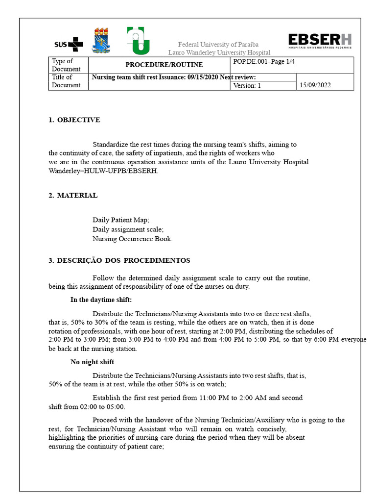 POP - DE.001 - Rest Period For The Nursing Team On Duty | PDF | Nursing ...