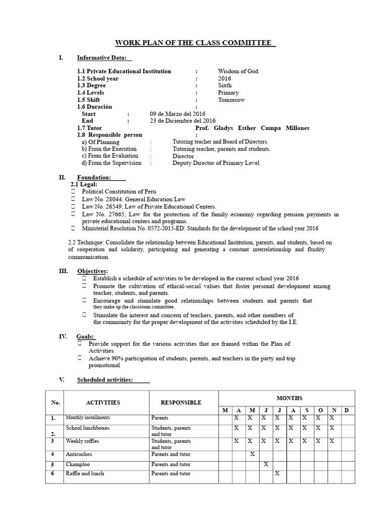 Work Plan of The Sixth Grade Classroom Committee | PDF | Teachers