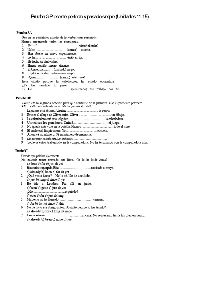 PRUEBA 3 - Presente Perfecto y Pasado Simple | PDF | Lingüística