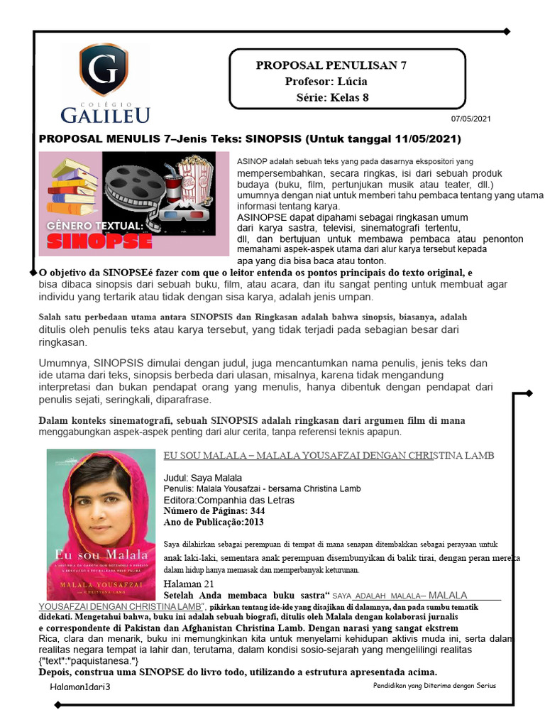 Usulan Penulisan 7 Sinopsis Malala Kelas 8 Galileu 2021 | PDF
