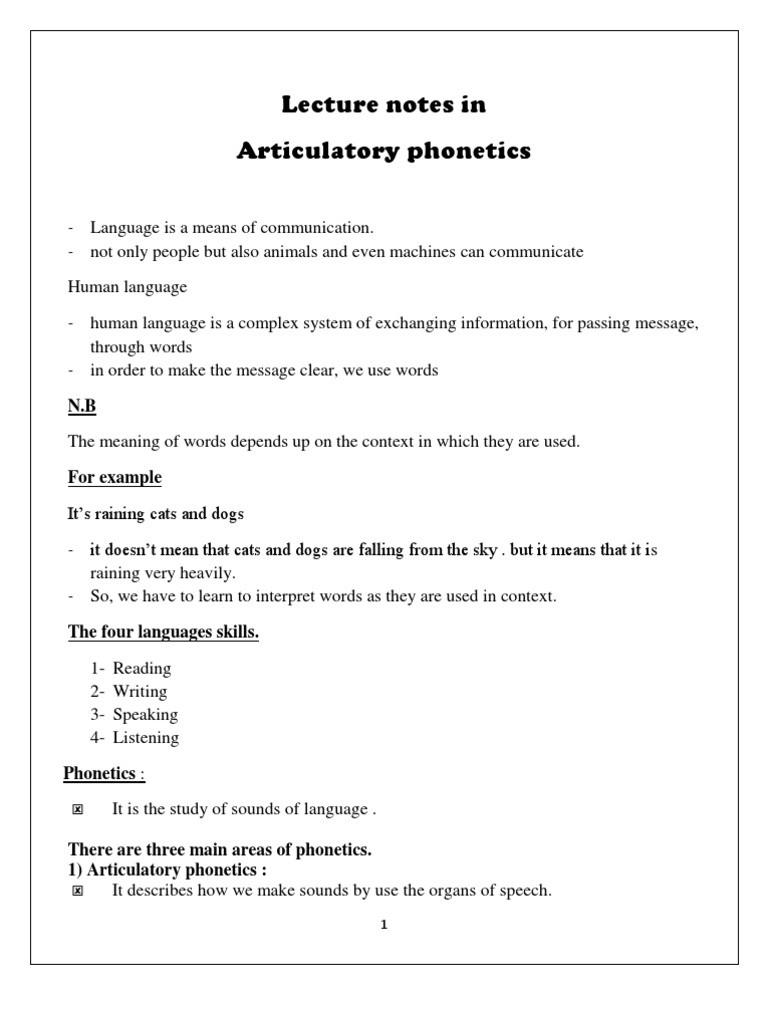 Lecture Notes In Articulatory Phonetics Pdf Speech Human