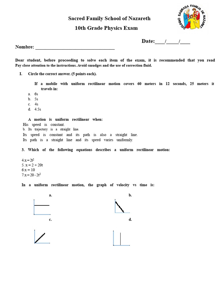 Physics Exam 10th Grade. | PDF