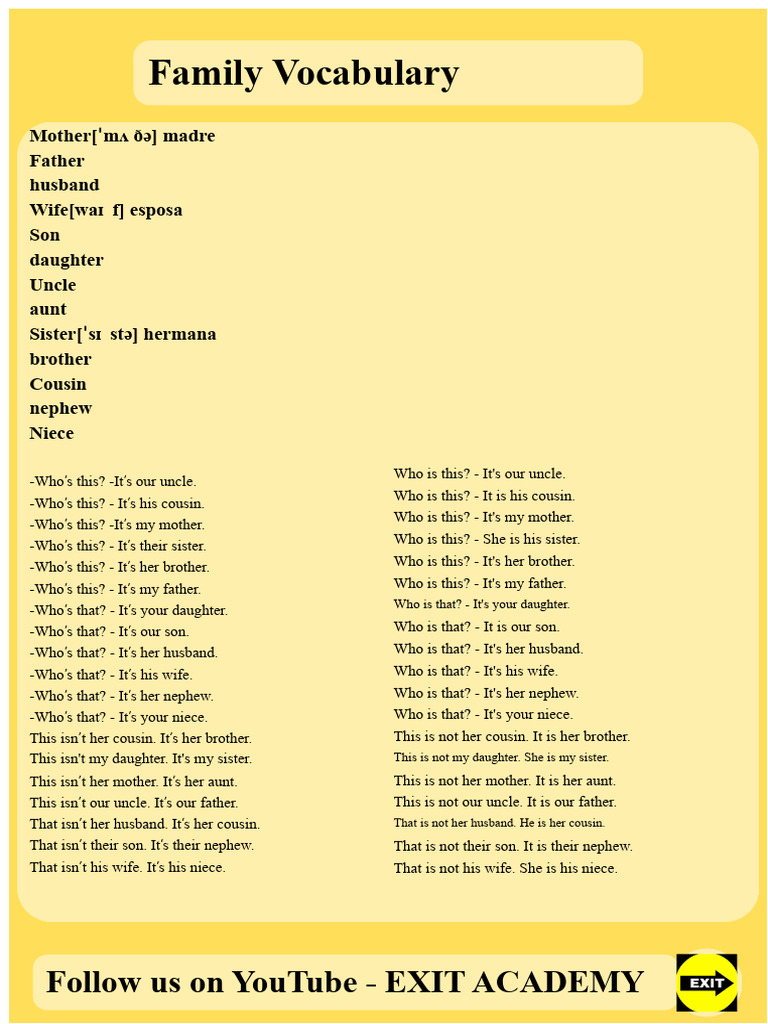 Family Vocabulary and Relationships Guide | PDF