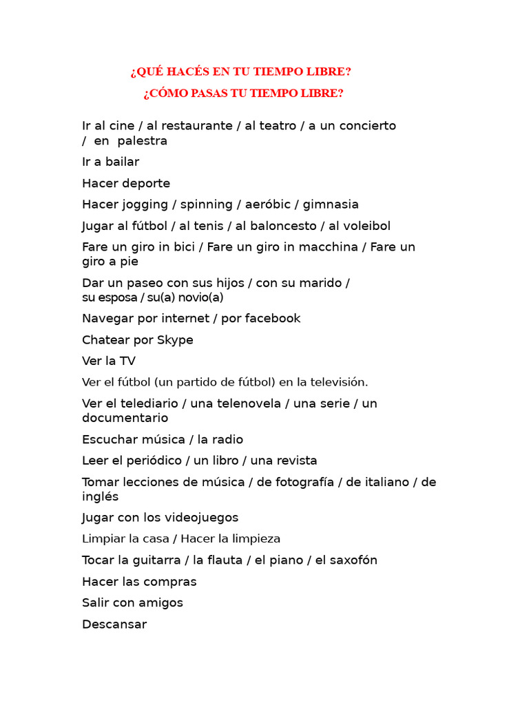 Vocabulario Tiempo Libre | PDF