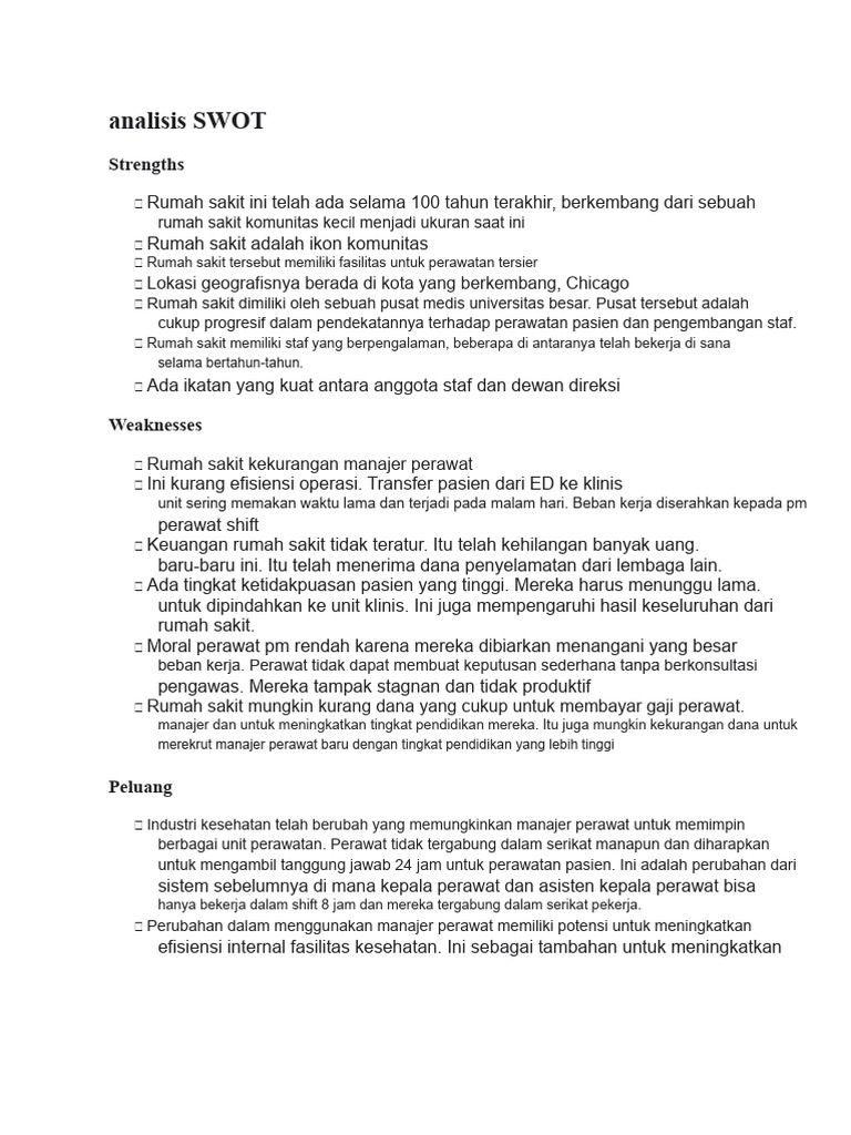 Analisis SWOT Rumah Sakit Chicago | PDF