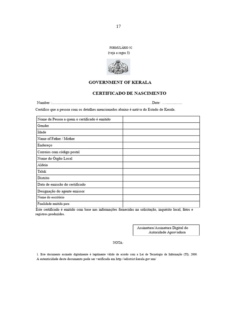 Formulário 5c (Veja A Regra 3) Governo de Kerala - Certificado de Nacionalidade | PDF