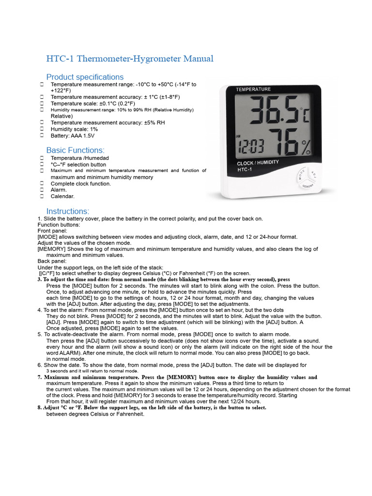 HTC-1 Thermometer-Hygrometer Guide | PDF | Temperature | Fahrenheit