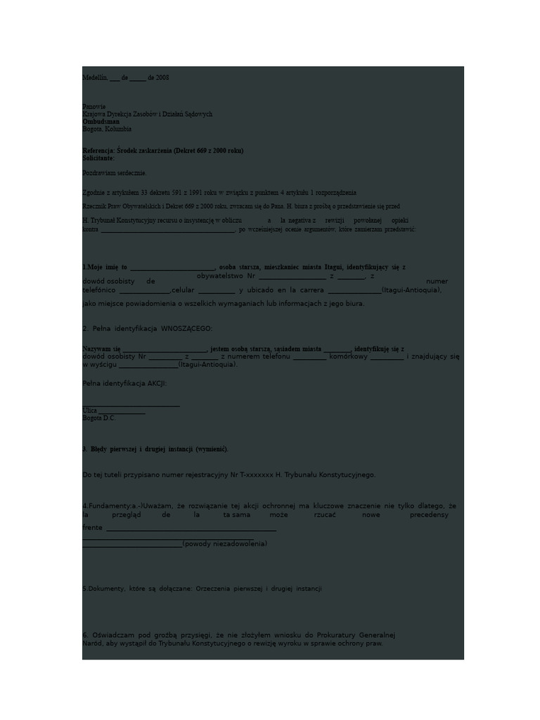 Wzór Wniosku o Przegląd Ochrony - Rzecznik Praw Obywatelskich | PDF