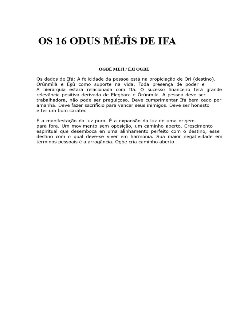 Os 16 Odus Méjìs de Ifá e Seus Significados | PDF