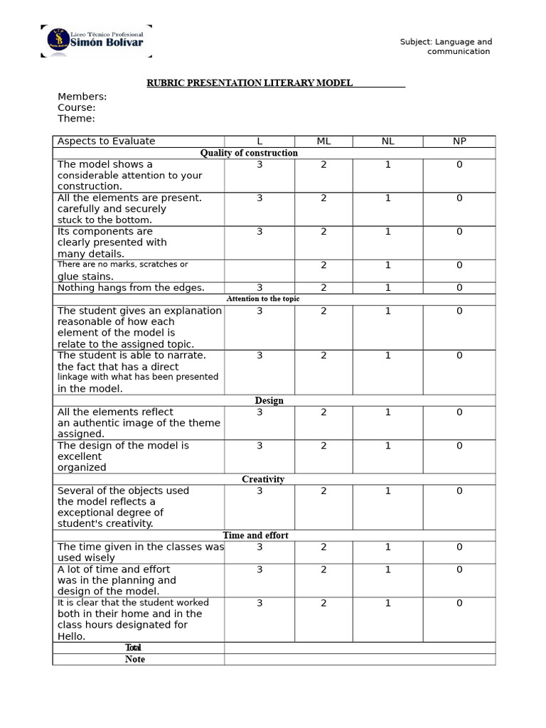 Literary Model | PDF | Rubric (Academic) | Cognition