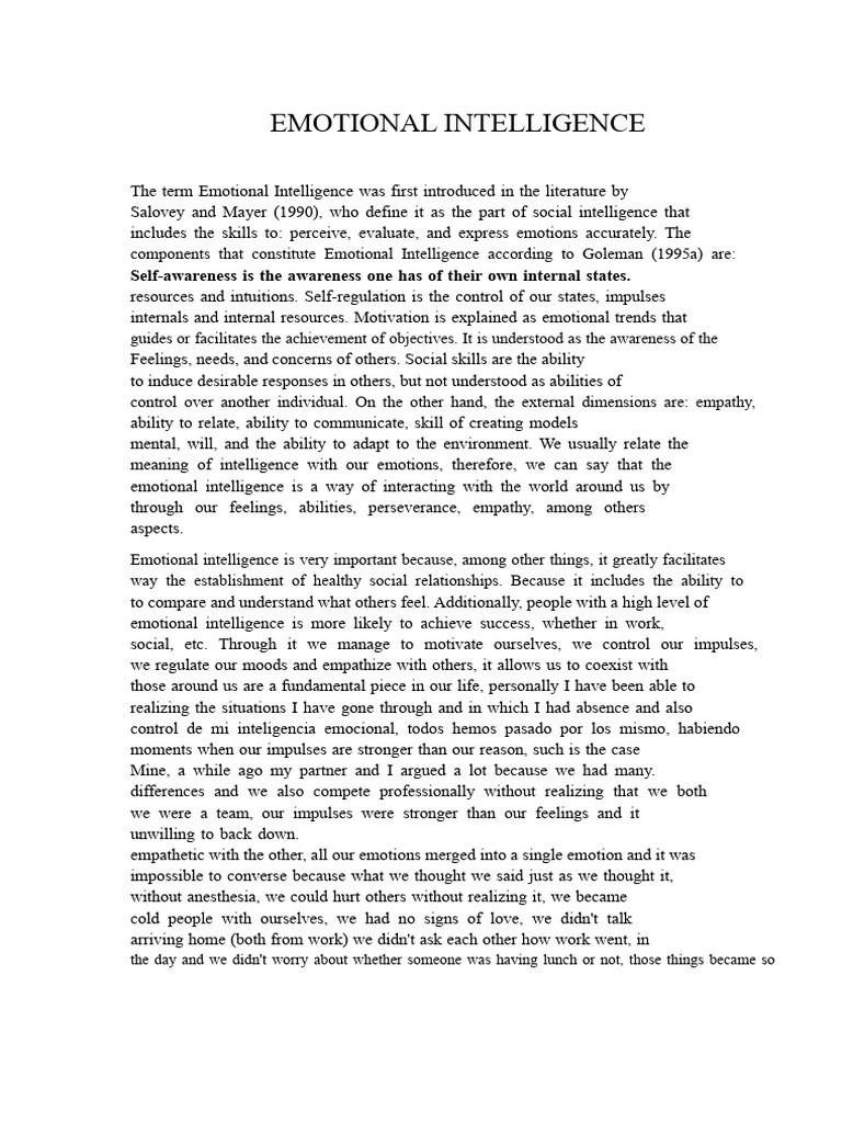 ESSAY ON EMOTIONAL INTELLIGENCE (Self-Awareness) | PDF | Intelligence ...