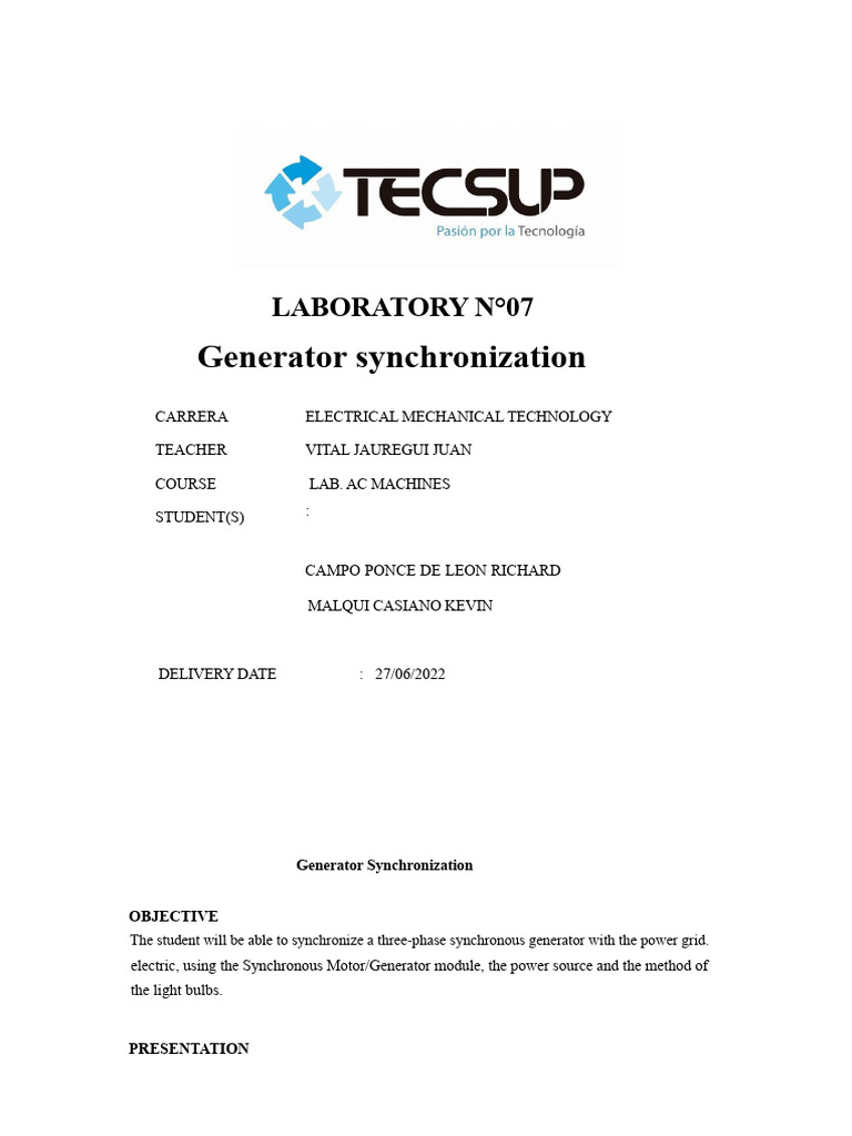 Synchronization of Generators | PDF | Electrical Grid | Electric Generator