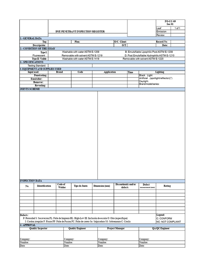 Dye Penetrant Inspection Register | PDF | Nondestructive Testing ...