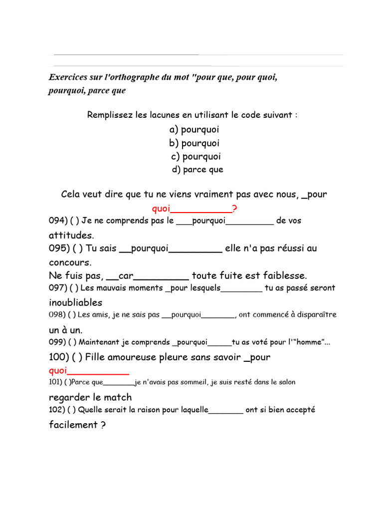 Exercices sur "pour que" et "pourquoi" | PDF | Mécanique du langage ...