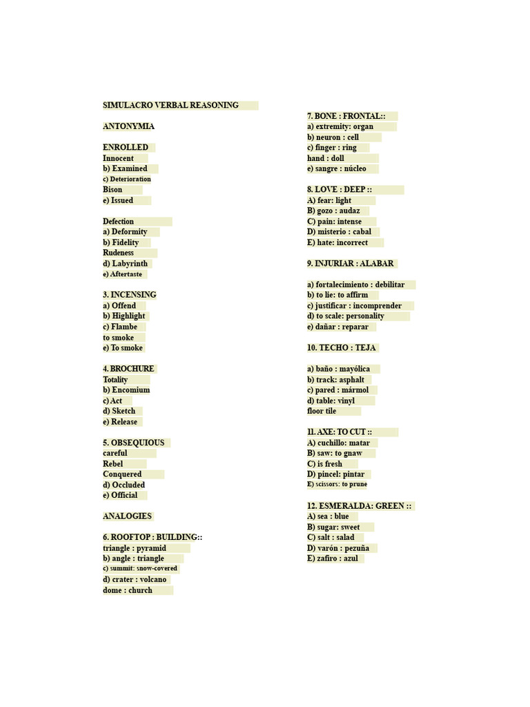 Verbal Reasoning Antonyms and Analogies | PDF
