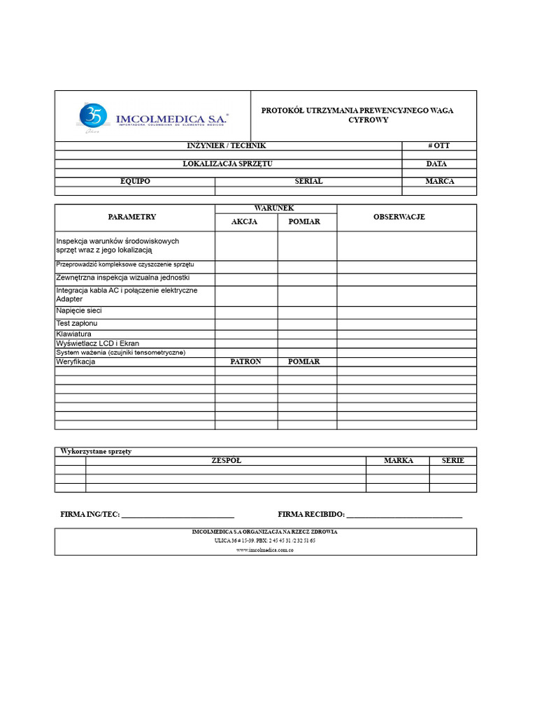 Protokół Utrzymania - Wagi Pediatrycznej - 553KL | PDF