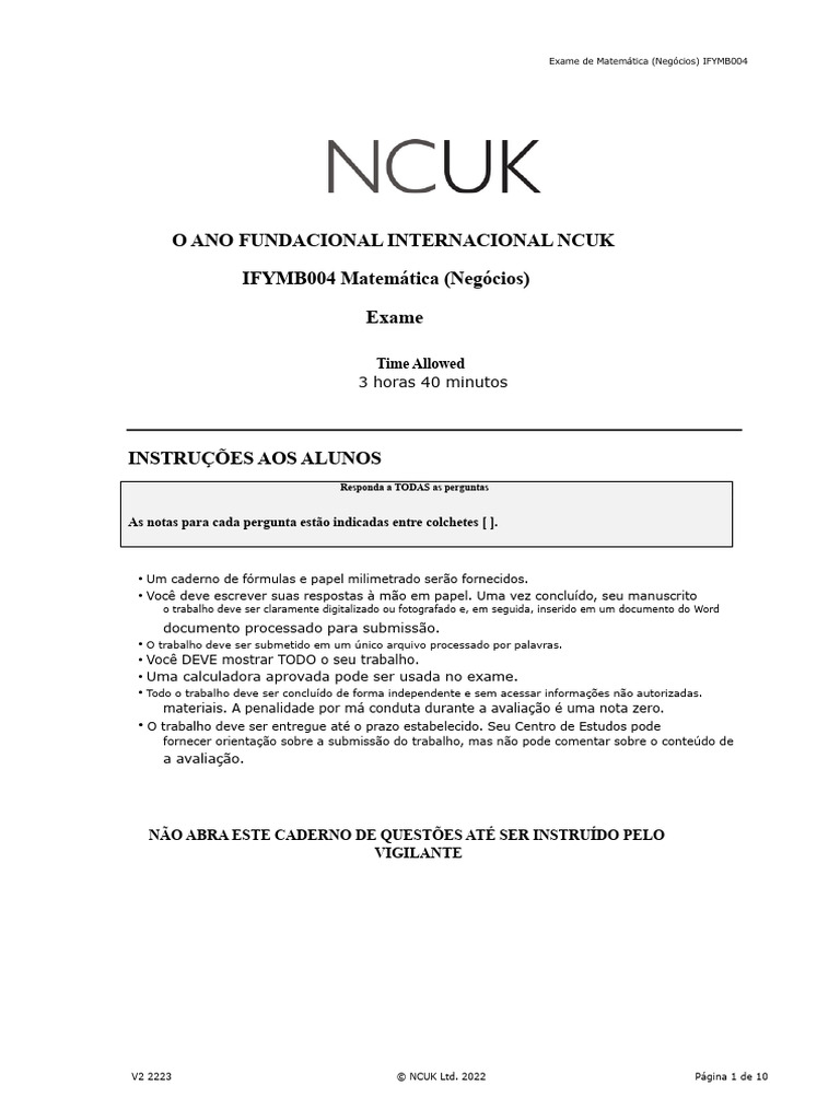 Exame de Negócios IFY Matemática 2223 V2 | PDF | Matemática