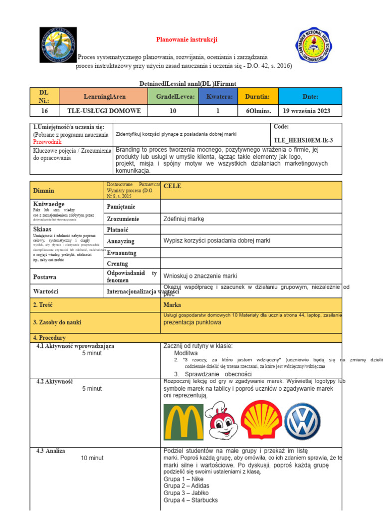 Plan Lekcji TLE 10 (Markowanie) | PDF