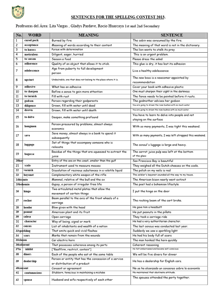 Sentences For The Spelling Contest 2013 | PDF | Word