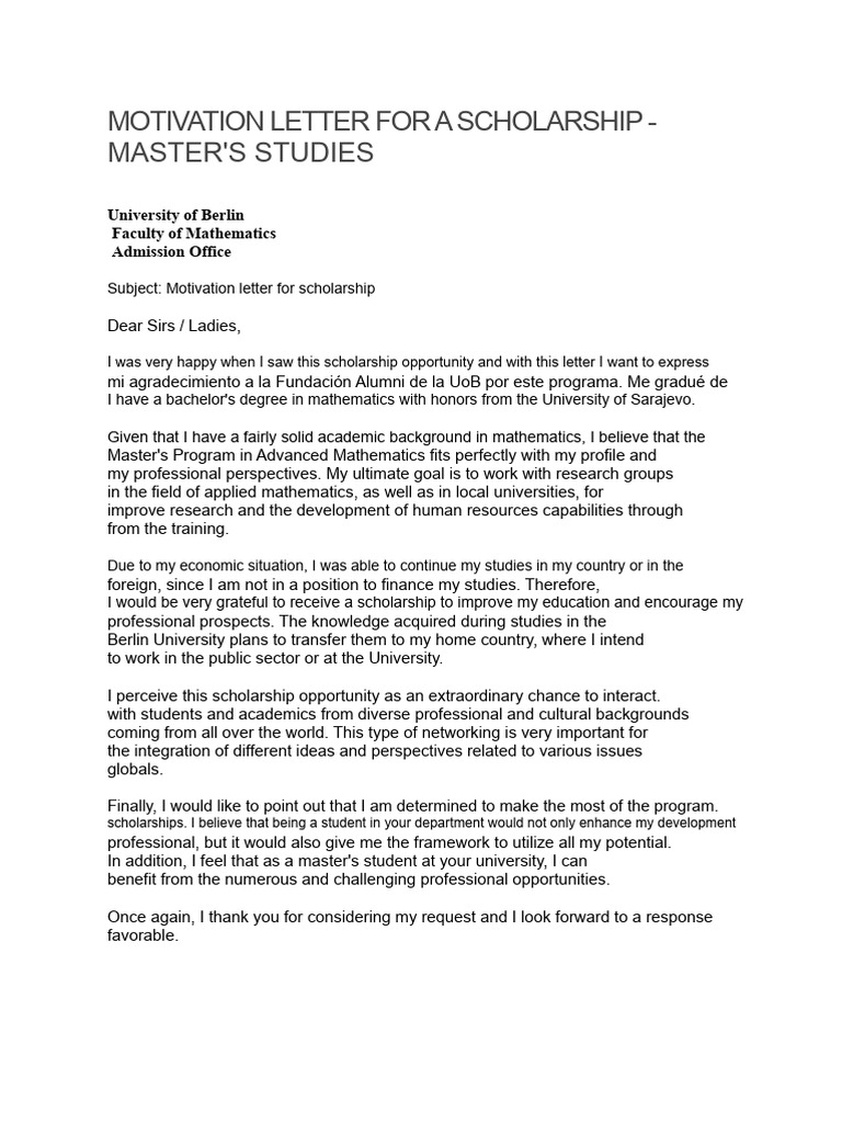 Motivation Letter For A Scholarship | PDF