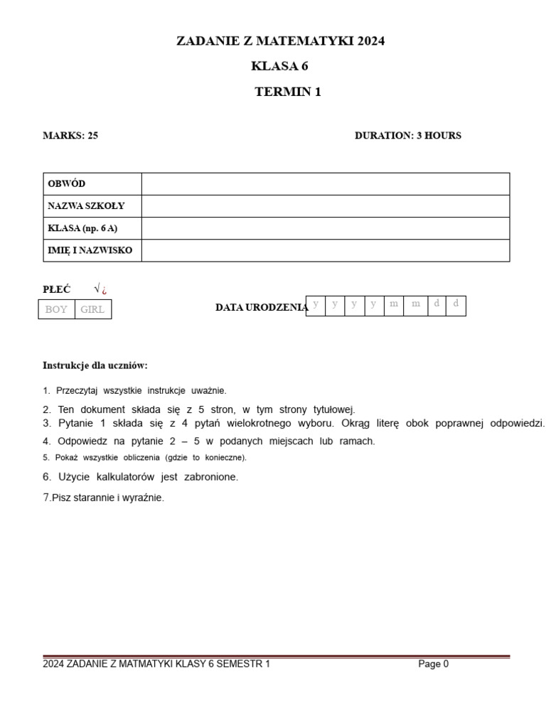 Zadanie Z Matematyki Klasy 6 Semestr 1 2024 | PDF