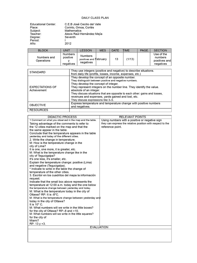 Daily Class Plan 7th Grade I Period | PDF | Rational Number | Numbers
