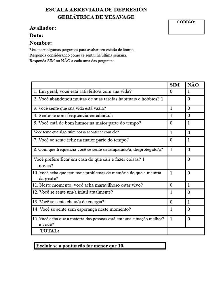 Escala de Depressão Geriátrica Yesavage | PDF