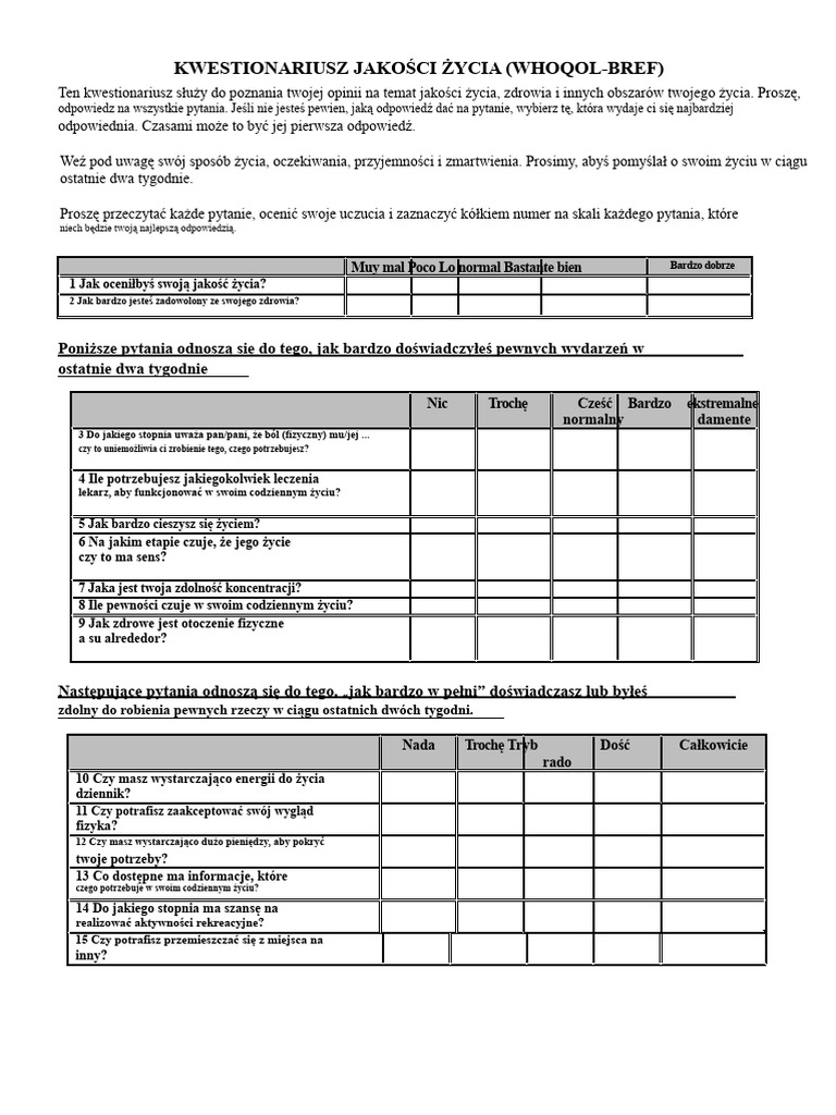 Kwestionariusz Jakości Życia (Whoqol-Bref) | PDF