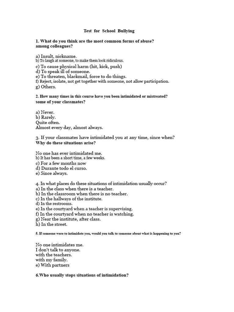 Test For School Bullying CERTIFICATION | PDF | Bullying | Aggression
