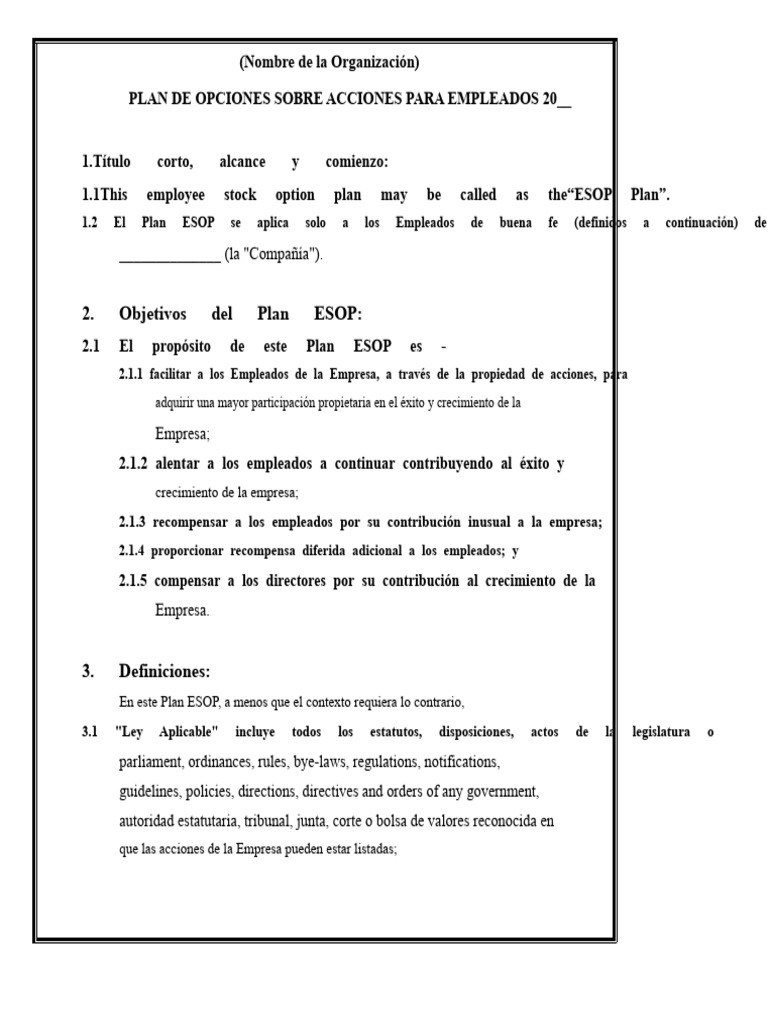 Plan ESOP para Empleados 20__ | PDF | Compartir (Finanzas) | Opción ...