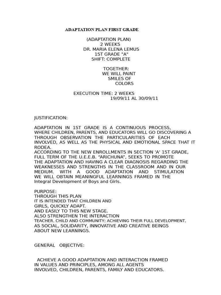 First Grade Adaptation Plan | PDF