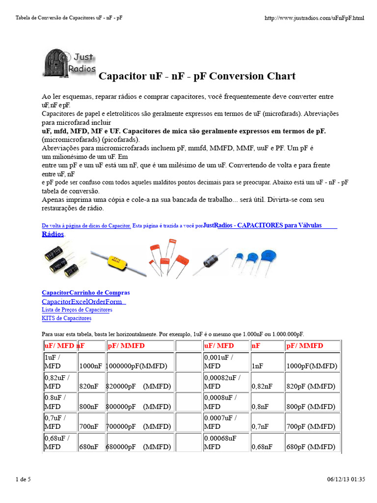 Tabela de Conversão de Capacitores uF, nF, pF | PDF | Capacitor ...