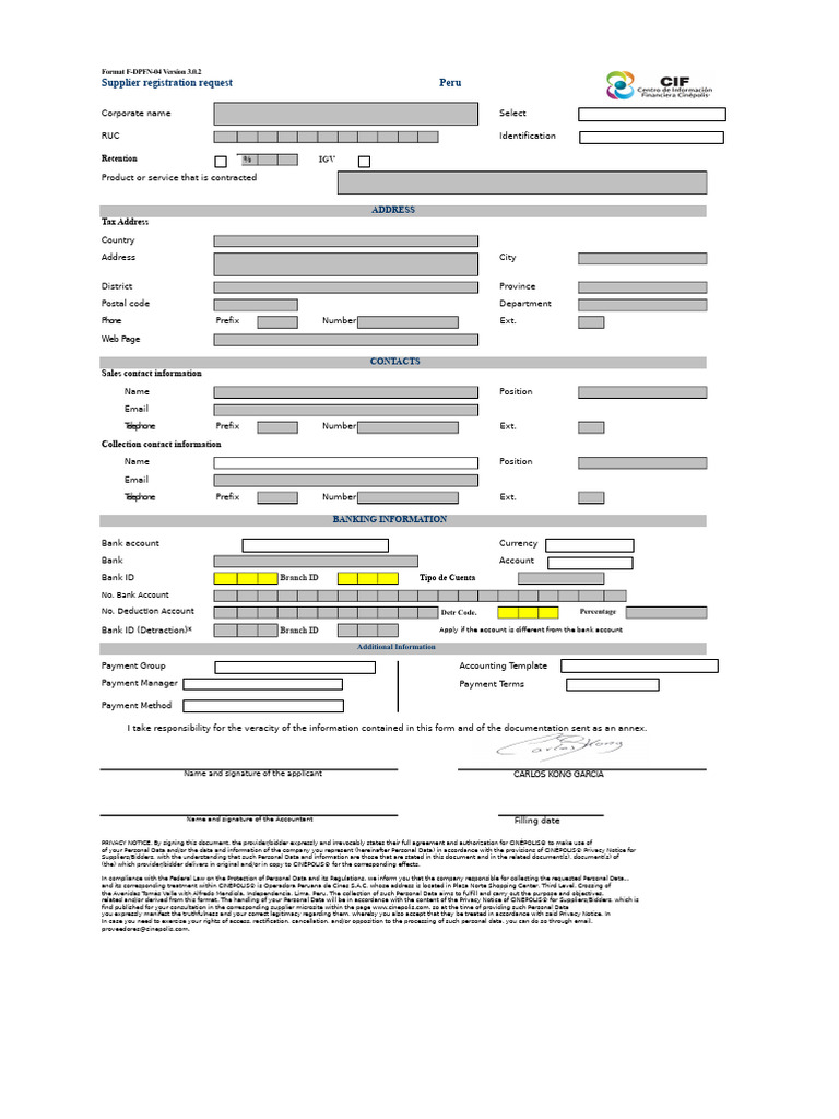 Supplier Registration Form - Model 210714 | PDF