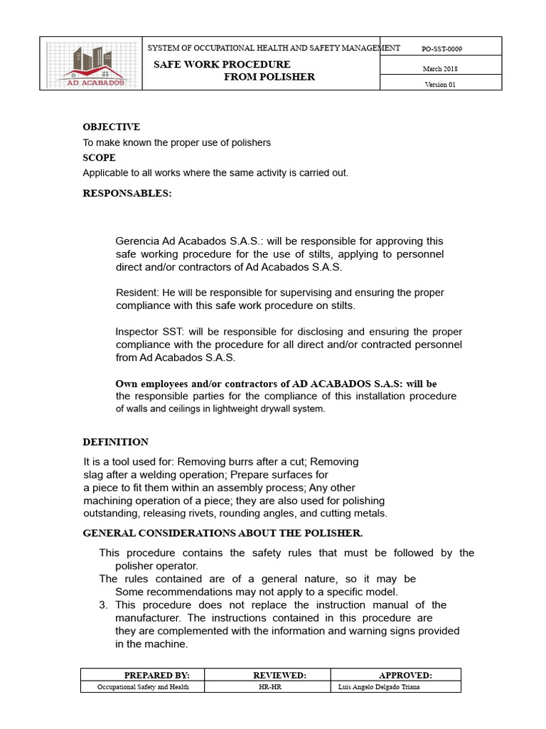 Safe Work Procedure for Polishers | PDF | Personal Protective Equipment ...